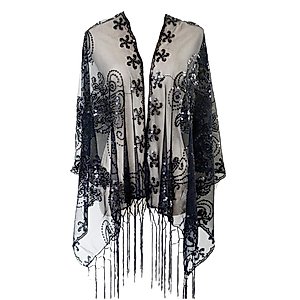 L'VOW Women's Glittering 1920s Scarf Mesh Sequin Wedding Cape Fringed Evening Shawl Wraps(Black)