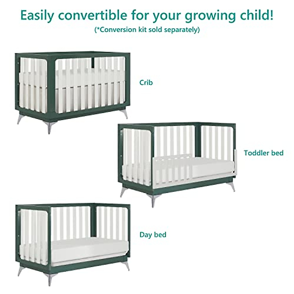 Sweetpea Baby Ultra Modern 4-in-1 Convertible Crib in Green in Olive, Greenguard Gold Certified , 58.5x30x47 Inch (Pack of 1)