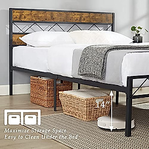 VECELO Queen Size Bed Frame with Wooden Headboard, Heavy Duty 14 Metal Slats Support, No Box Spring Needed, Platform Mattress Base, Under Bed Storage, Noise Free, Easy Assembly