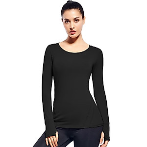 Long Sleeve Workout Shirts for Women Running Athletic Tee Shirt with Thumb Hole(Black,XS)