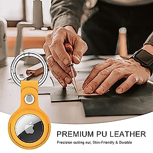 R-fun Airtag Holder with Keychain and Lock, [4 Pack] Protective PU Leather AirTag case Cover with Key Rings for Wallet, Dog Collar, Luggage, and Keys-Black/Green/Brown/Yellow