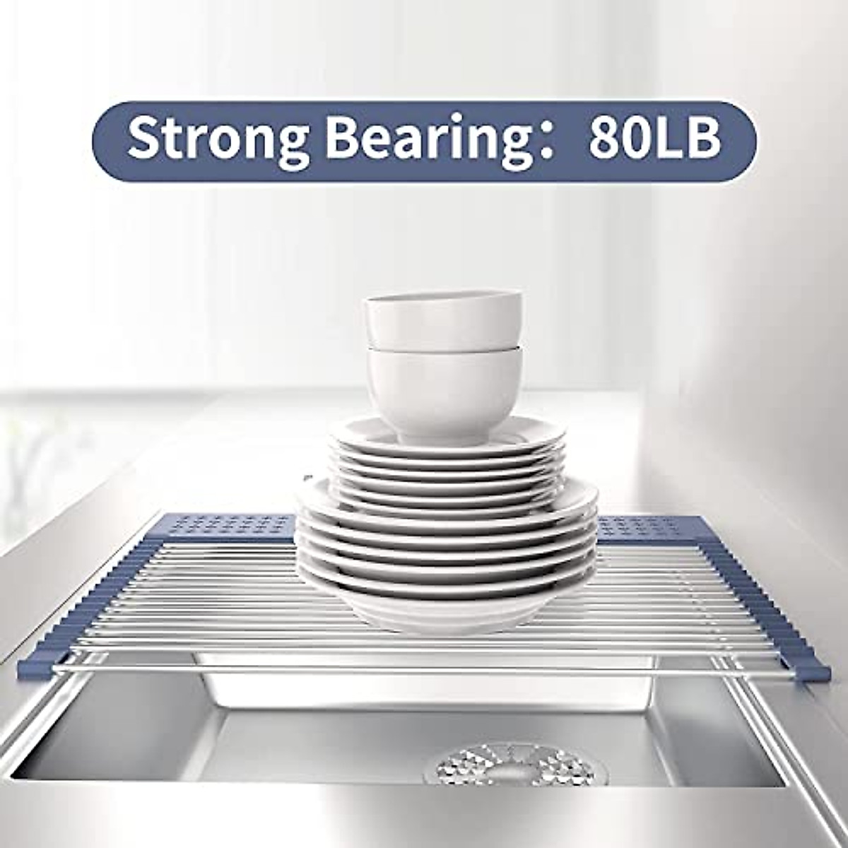 LEMIKKLE 20" x 15.2" Roll Up Dish Drying Rack Over The Sink Dish Drying Rack,Multi-Purpose Kitchen Rolling Dish Drainer Foldable SUS304 Stainless Steel Dish Drying Rack