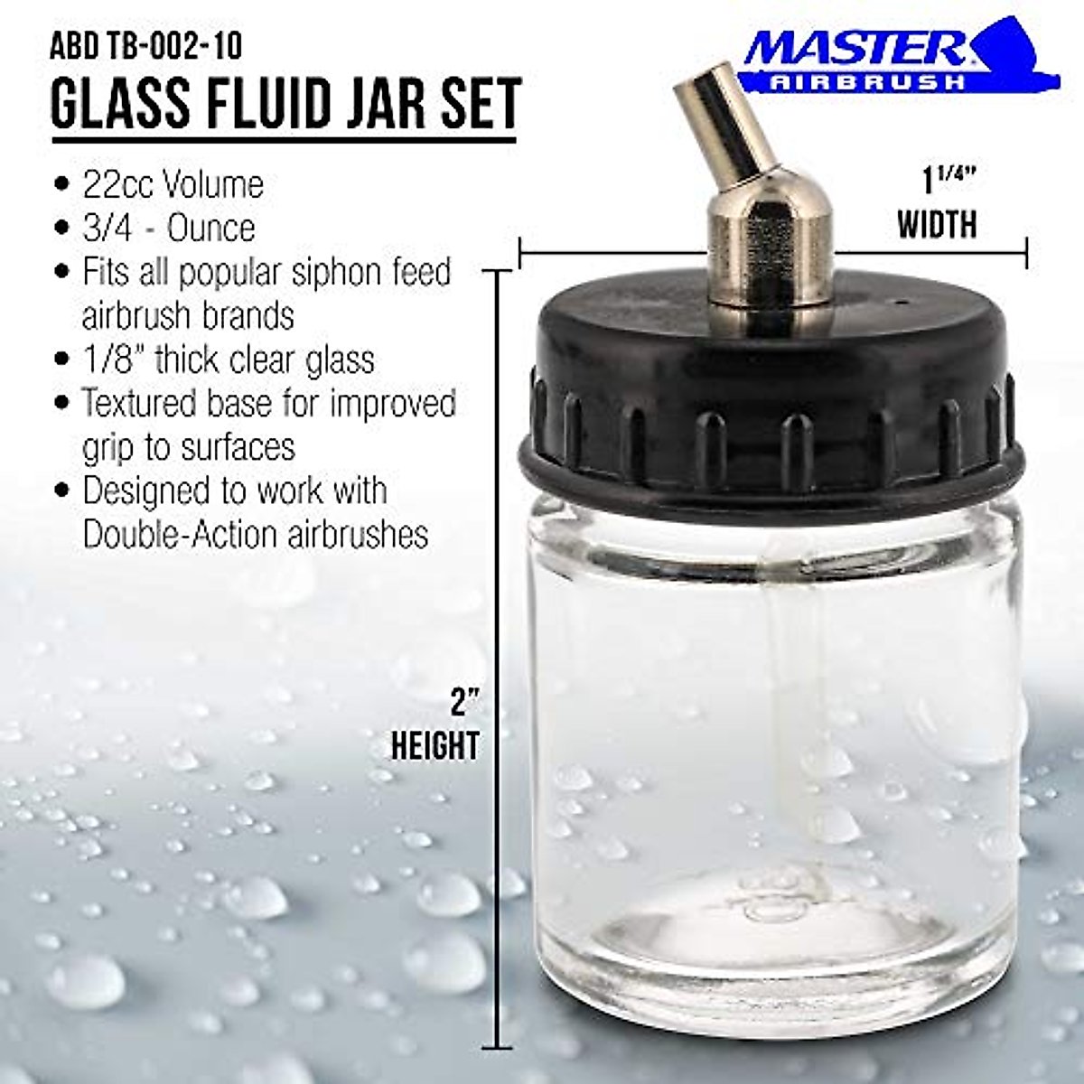 Master Airbrush (Pack of 10) TB-002 Empty 3/4 Ounce (22cc) Glass Jar Bottles with 30° Down Angle Adaptor Lid Assembly - Fits Dual-Action Siphon Feed Airbrushes, Use with Master, Badger, Paasche, Iwata