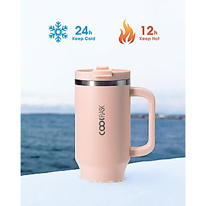 Coolflask 40 oz Pink Tumbler with Handle, Insulated Water Tumbler with Lid and Straw, Coffee Tumbler Travel Mug Stainless Steel Vacuum for Cup Holder, Keep Cold for 24 Hrs/Hot for 12 Hrs