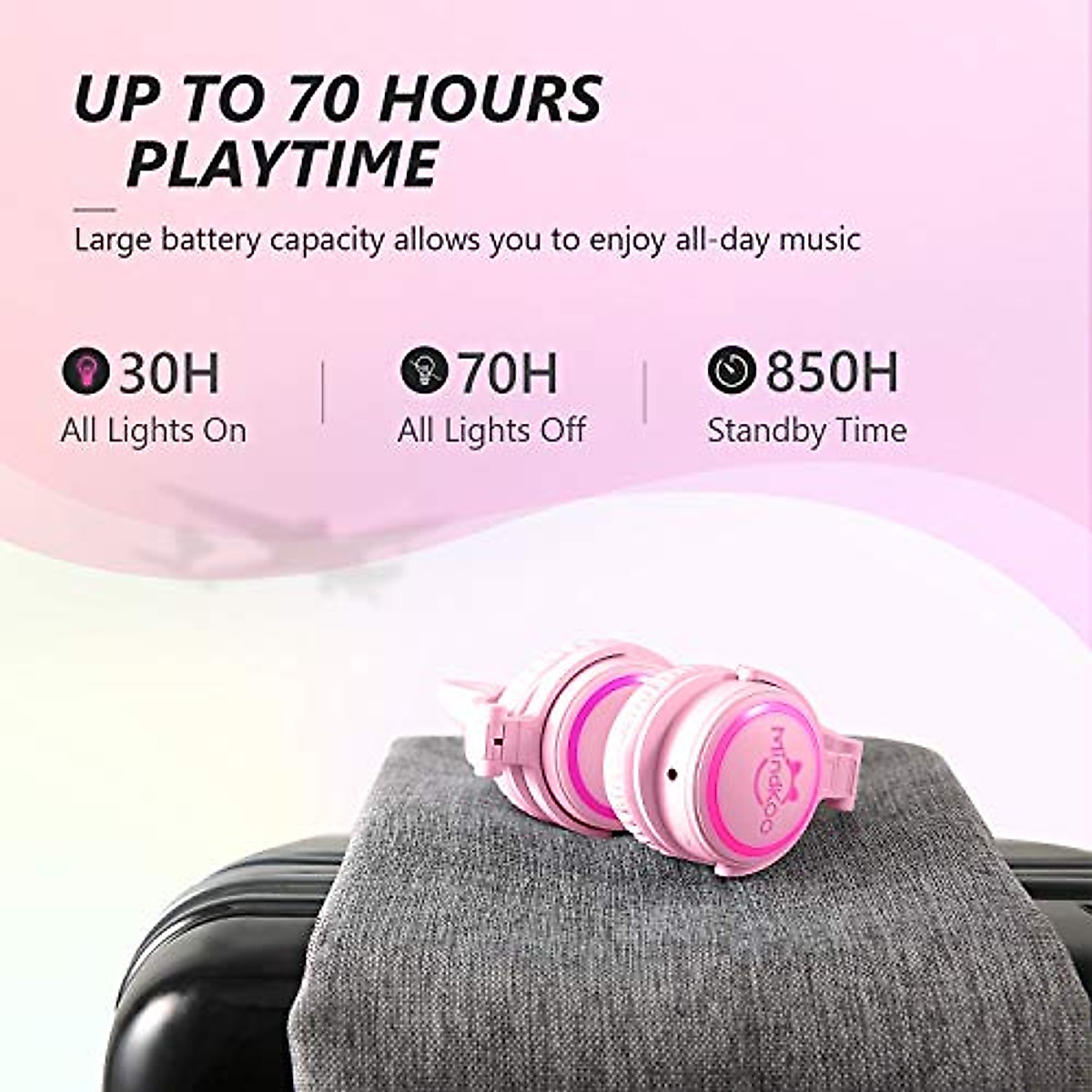 Mindkoo Cat Ear Bluetooth Headphones Pink, LED Light Up Over Ear Wireless Headphones with Microphone, Comfort Foldable Headset for Kids & Adults