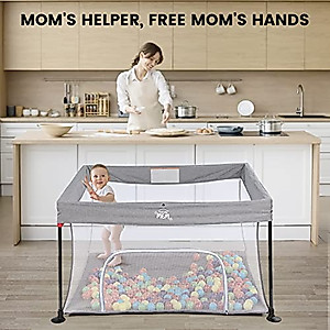 MEM Baby Playpen, Foldable Playpen for Babies and Toddlers, Indoor Outdoor Playpen Baby Activity Center with Zipper Gate, Pop Up Portable Playpen Play Yard for Baby, 49"x49", Grey