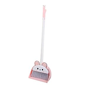 JISADER Broom and Dustpan Set Dense Bristles Built in Broom Comb Sweeping Broom for Home, Pink