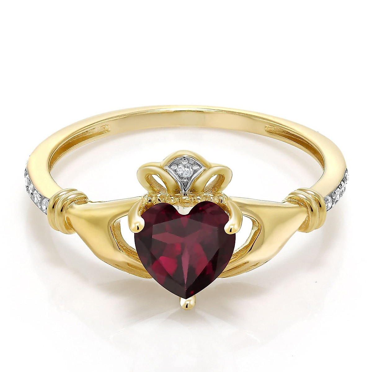Gem Stone King 10K Yellow Gold Irish Celtic Claddagh Red Rhodolite Garnet and Diamond Accent Engagement Ring For Women (0.78 Cttw, Available in size 5, 6, 7, 8, 9)