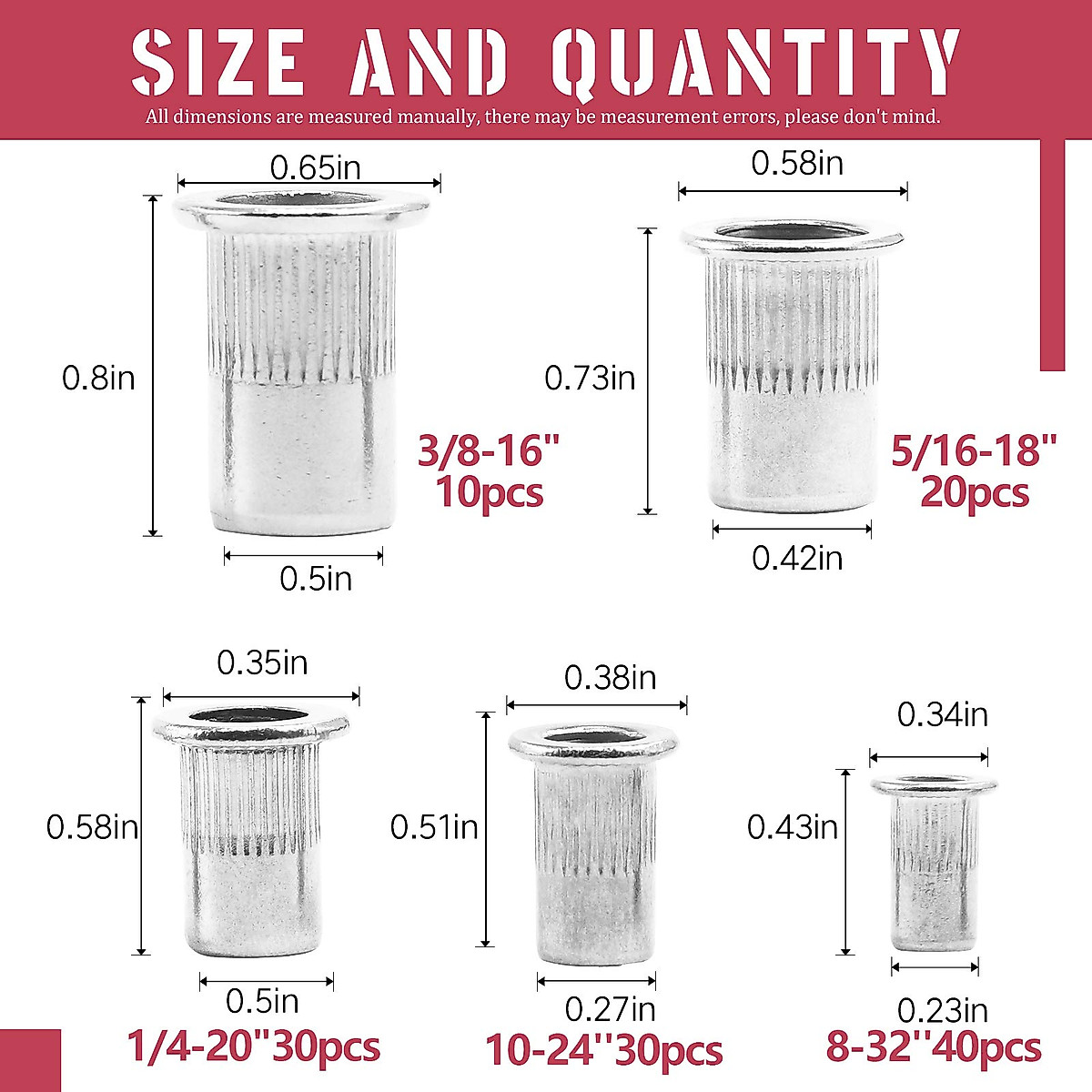 Hilitchi 5 Sizes Stainless Steel Rivet Nuts Threaded Insert Rivnuts 8-32, 10-24, 1/4-20, 5/16-18, 3/8-16 for Automotive Furniture Decoration Electrical and Industrial Products (85Pcs, SAE)