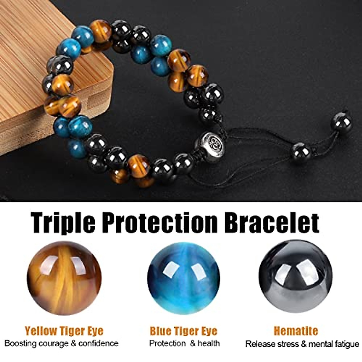 Tiger Eye Triple Protection Bracelet for Women Men, Yellow Blue Tiger Eye Hematite Bead Crystal Stone Handmade Jewelry Bracelet, Bring Luck And Prosperity Courage Bracelet