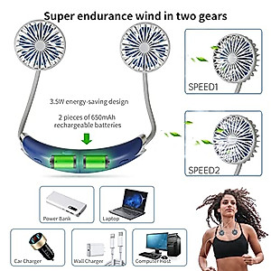 HUIQIMEI Portable Neck Fan Rechargeable Cooling Neck Fan Detachable Electric Personal Fans Independent Switch Control Long Battery Life for Travel Office Household Outdoor Sports (Blue)