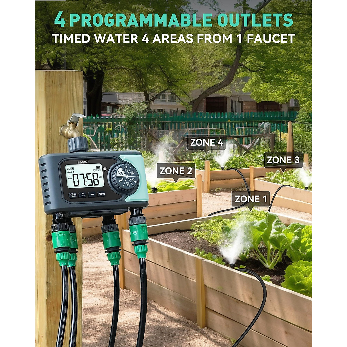 RAINPOINT Sprinkler Timer 4 Zone Water Timer, 4 Outlets Hose Timers for Watering with Rain Delay/Manual/Automatic Timed Irrigation Controller System, Programmable Digital Faucet Timer for Lawn Pool