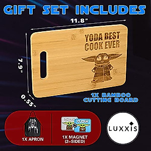 Luxxis Star Wars Kitchen Cutting Board Cooking Accessories - Yoda Best Cook Ever Laser Engraved Bamboo Kitchen Gifts Set- Premium Cookware Apron - Cute Dishwasher Magnet