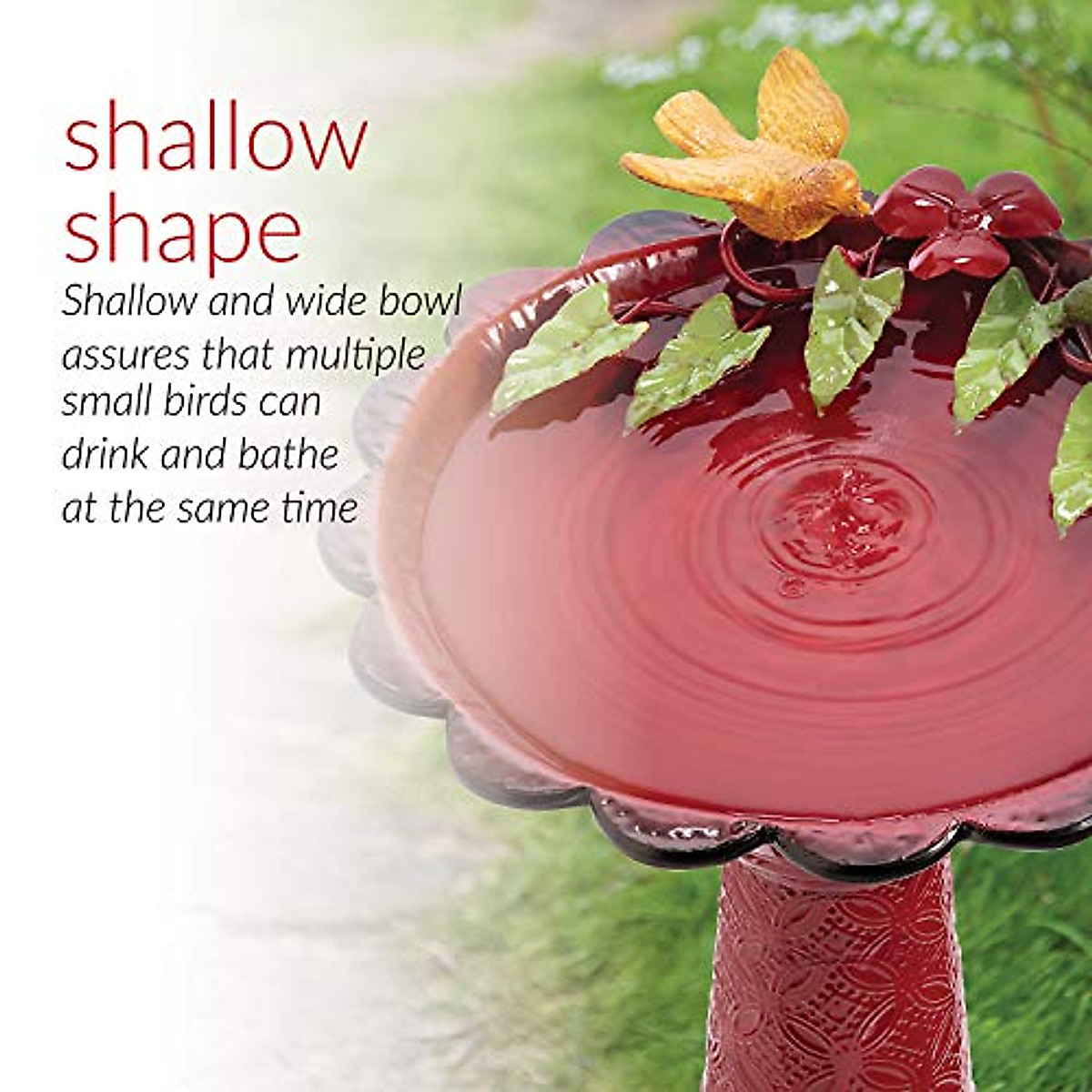 Alpine Corporation 28" Tall Outdoor Metal Birdbath with Birds and Leaves Yard Statue Decoration, Red