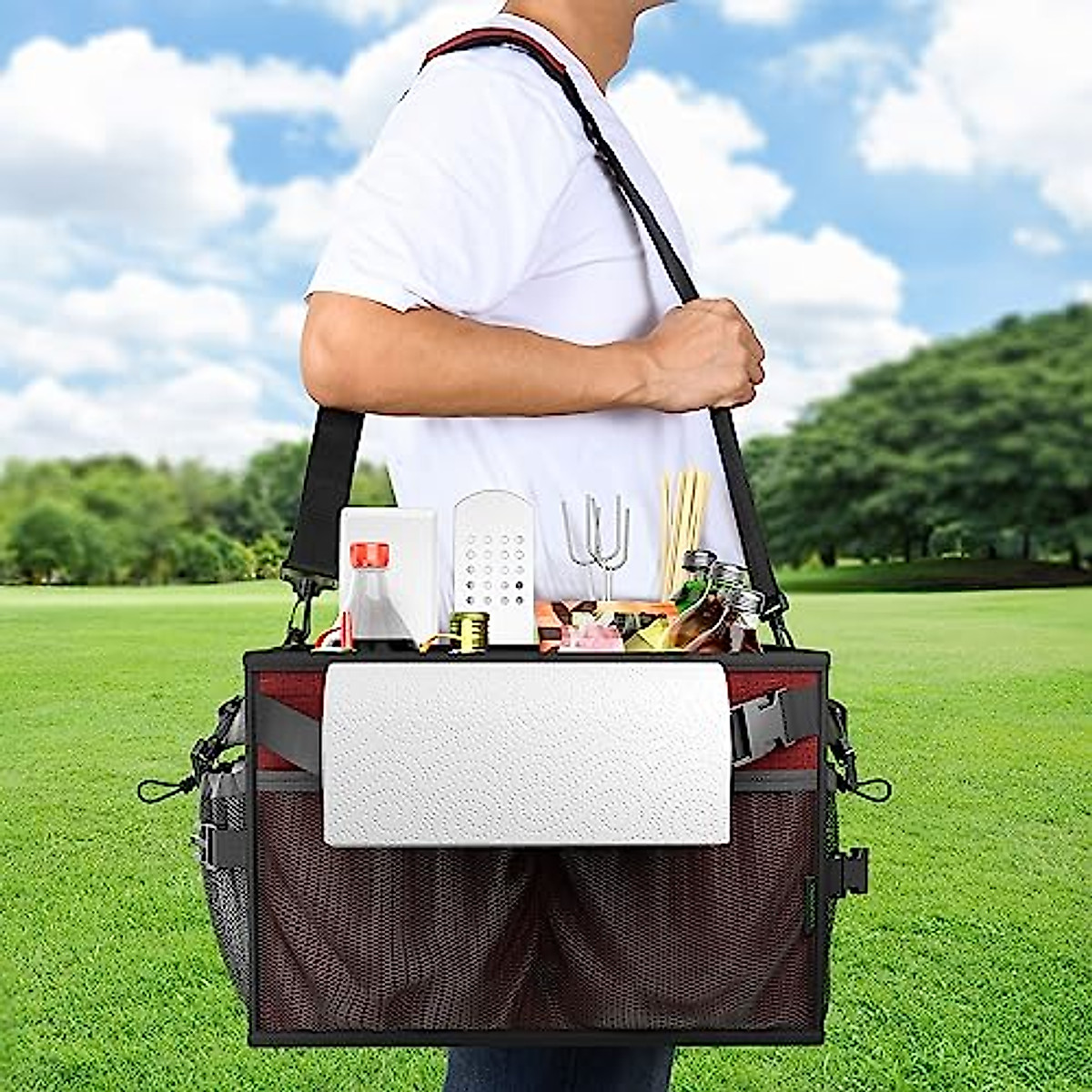 FANGSUN Grill Caddy, BBQ Caddy with Paper Towel Holder, Picnic Griddle Caddy for Outdoor Camping, Barbecue Accessories Storage Organizer for Utensil Grilling Tool, Must Haves for Camper Tailgating Rv