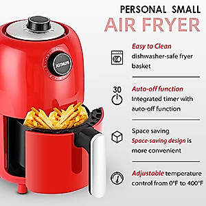 iRUNTEK Mini Compact Air Fryer, 1.3Qt Small Air Fryer with Recipe Book and 50pcs Parchment Paper Liners, User Friendly, Dual Knob Control, Non-Stick, Red