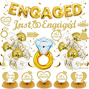 32 Pcs Gold Engagement Party Decorations Just Engaged Banner Diamond Ring Balloons White Gold Engagement Backdrop White Gold Just Married Decorations Kit for Bachelorette Bridal Engagement Party