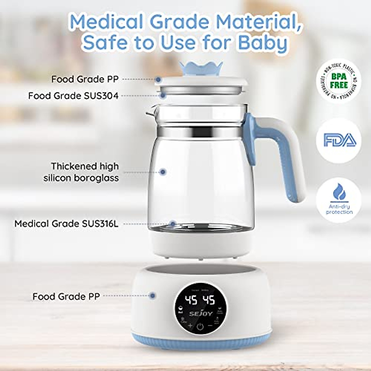 Sejoy Baby Formula Kettle Warm Water Dispenser for Making Formula Bottle Within 20s, Traditional Baby Bottle Warmer Replacement, Accurate Temperature Control, Boil-Dry Protection, 72h Keep Warm, 1.2L