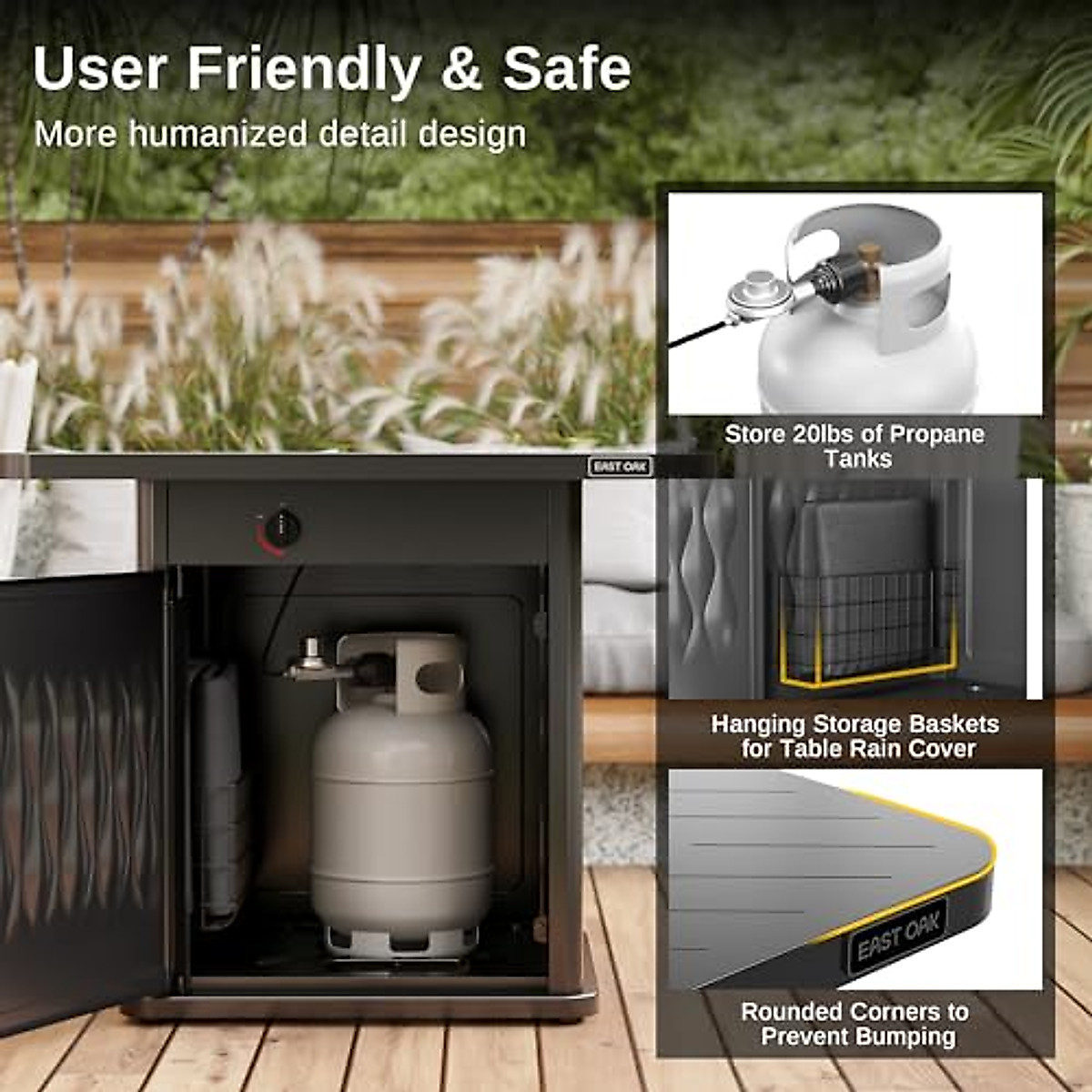 EAST OAK 32'' Propane Fire Pit Table, 50,000 BTU Steel Gas FirePit for Outdoor, Outside Patio Deck and Garden, CSA Certified Fire Table with Magnetic Lid, Cover-Storage Basket and Lava Rock , Black