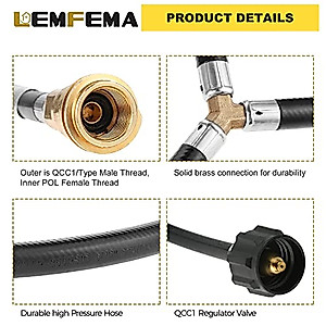 Lemfema Universal Y Type Splitter Propane Tank Converter Adapter Hose with Gauge, Two Way Qcc1/Type1 Inlet & POL/QCC1 Exit Propane Hose to Connect 5-40lb Tank for Grill, Heater, Fire Pit, Fireplaces