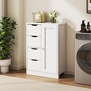 Vongrasig Bathroom Floor Storage Cabinet, Wooden Storage Organizer with 4 Drawers and 1 Door, Freestanding Pantry Cabinet with Adjustable Shelves for Bathroom, Living Room, Kitchen, Entryway, White