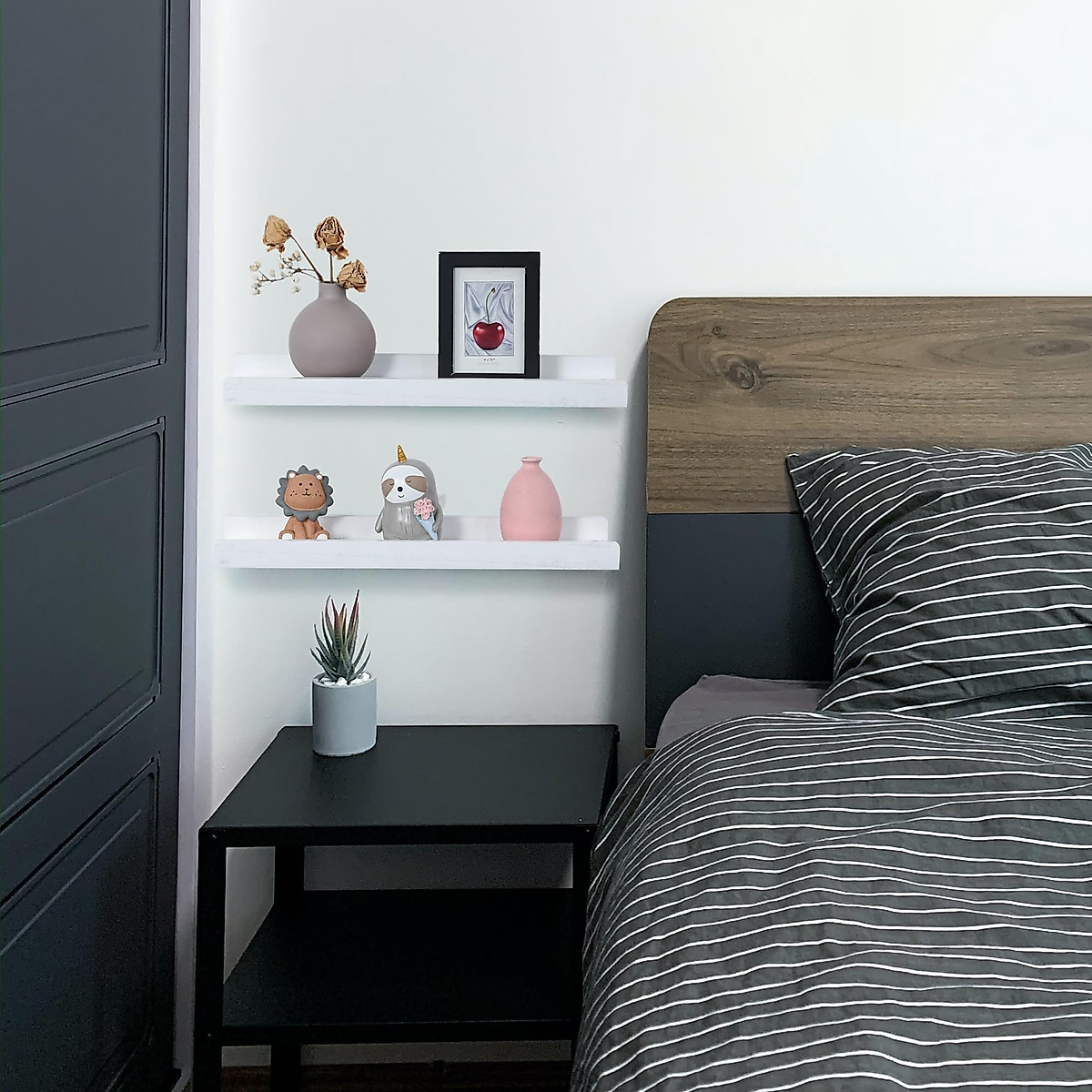 PHOENANCEE Picture Shelf Set of 2,Wood Wall Ledge with Lip,Photo Frames Book Storage Display Shelves for Living Room Bedroom Kitchen Kids Nursery,Home Office Decor(Rustic White,17 Inch)