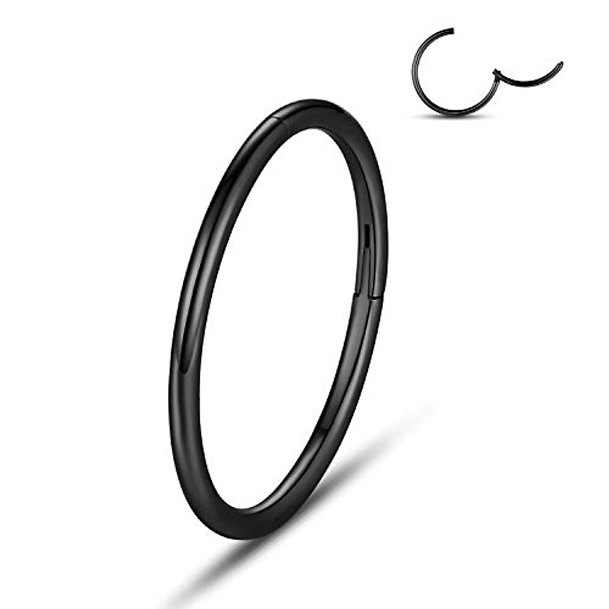 WBRWP 316L Surgical-Steel Hinged Nose Rings Hoop 18G Womens and Mens Body Pierecing Ring Septum Clicker Helix Cartilage Hoop Body Piercing Jewelry 8mm Diameter, Black