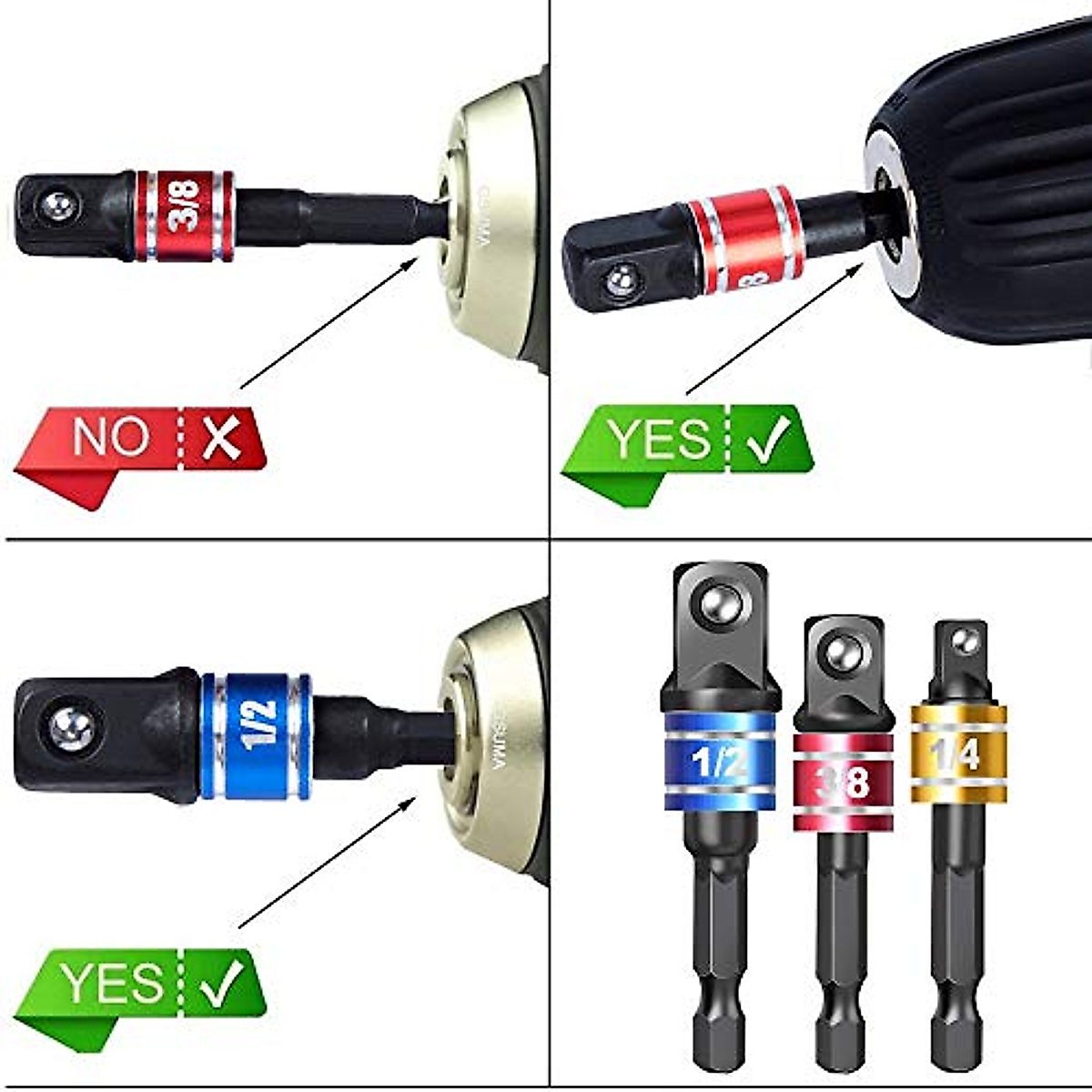 Impact Grade Socket Wrench Adapter Extension Set Turns Power Drill Into High Speed Nut Driver,Hex Shank Bit Square Power Drill Cordless Impact Sockets Bit Set,Sizes 1/4" 3/8" 1/2",Cr-V,Black,3-Piece