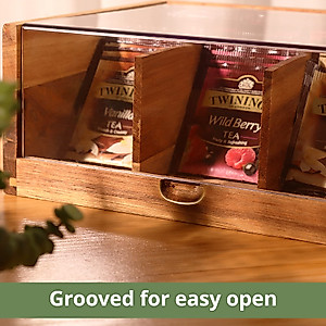 Acacia Wood Tea Bag Organizer Storage, Gift Box 6 Compartments Tea Chest Box with Acrylic Transparent Hinged Lid By HTB