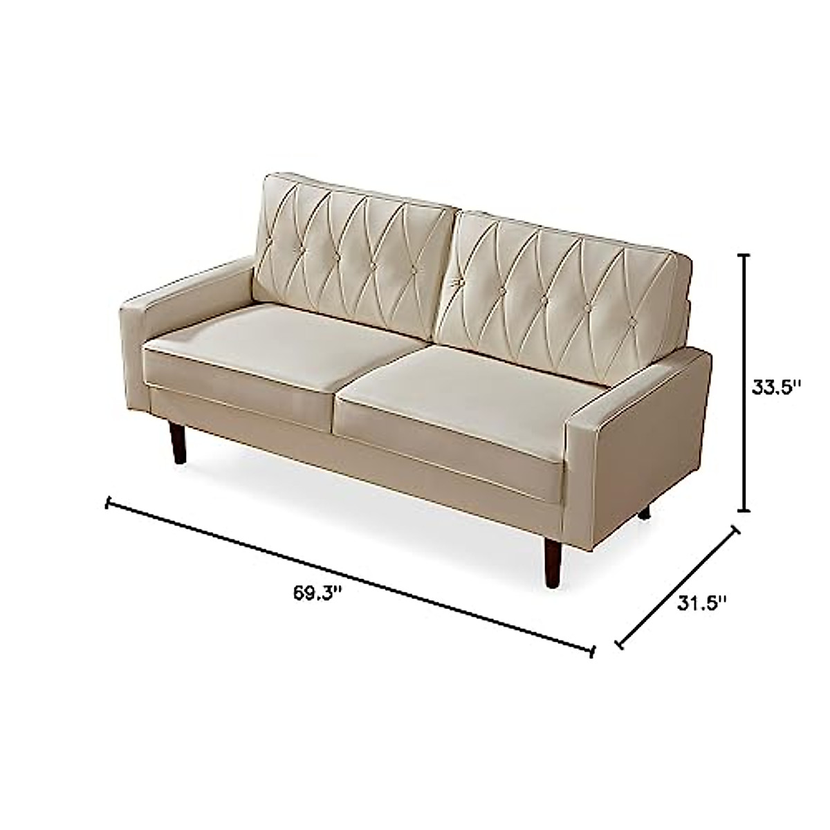Container Furniture Direct Modern Style Faux Leather Sofa with Elegant Round Tapered Legs and Button Tufted Backrest Perfect for Living Room, Bedroom or Home Office, 69.3’’ Wide, White
