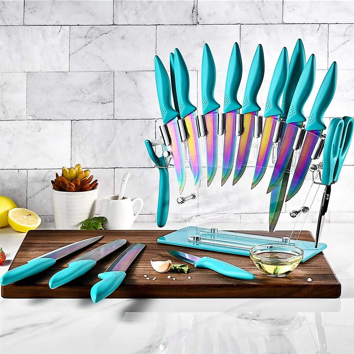 Knife Set 18 Pcs Stainless Steel Knives Set with Acrylic Storage Block Sharpener Sharp Cutlery Kitchen Knife Block Set Chef Cooking Cutting Knives Teal Turquoise Blue