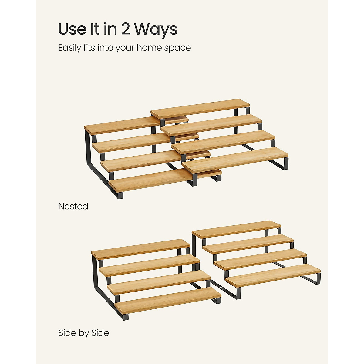 SONGMICS Display Risers, Set of 2 Engineered Wood Perfume Organizer Stand, 4-Tier Cupcake Stand Holder, Spice Rack, Shelf Risers for Figures, Dessert Shelves, Natural Beige and Ink Black UKCS216N01
