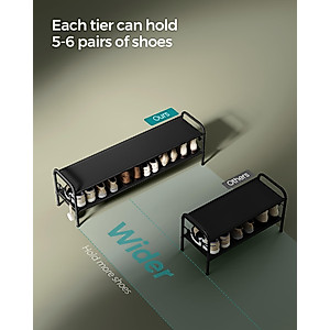 SONGMICS Shoe Rack, 2 Tier Shoe Organizer, Fabric Shoe Shelf Storage with 4 Hooks, Holds up to 12 Pairs of Shoes, Height-Adjustable Shoe Rack for Entryway, Hallway, Closet, Easy Assembly, Ink Black