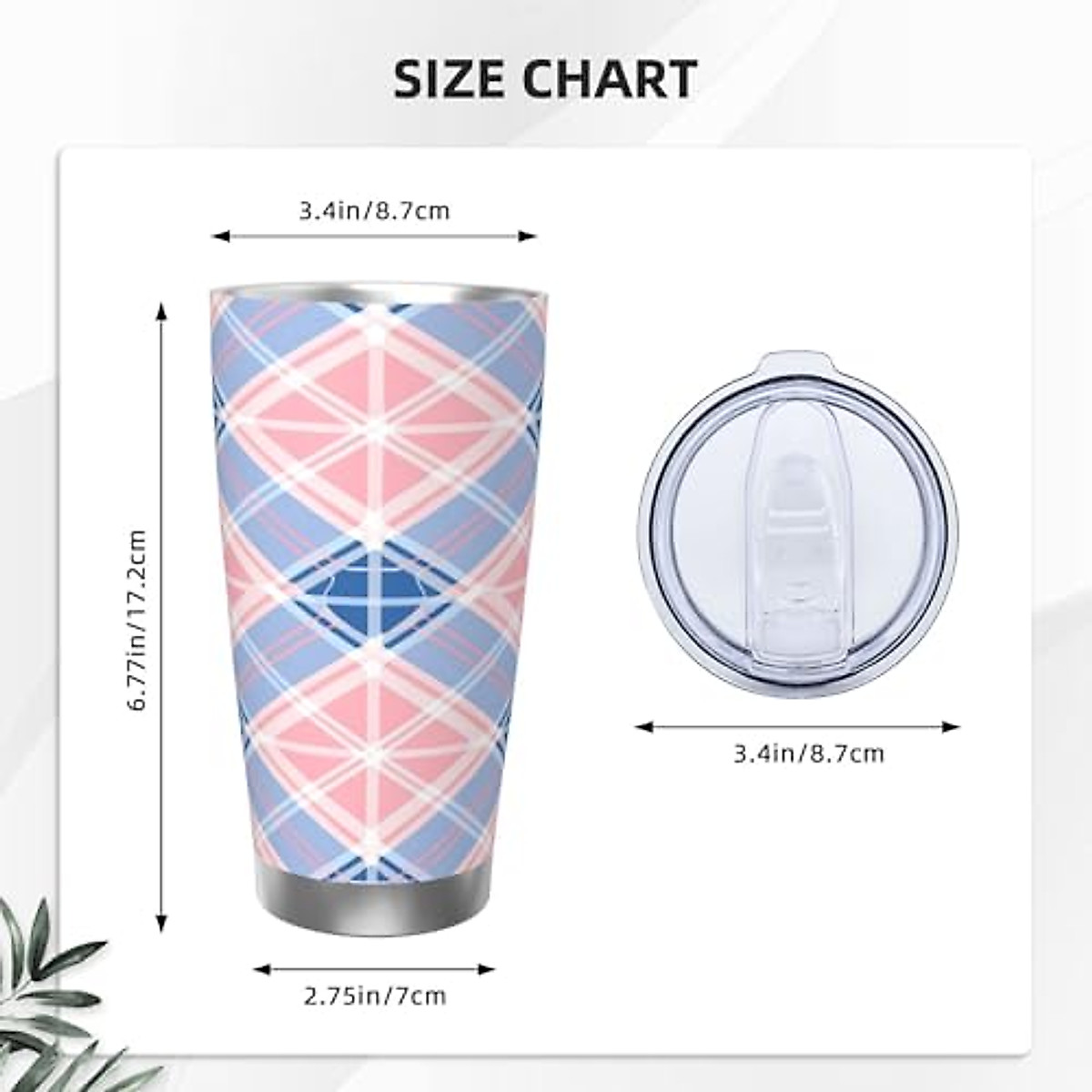 AYCZN Blue Pink Plaid 20 OZ Tumbler Stainless Steel Travel Coffee Mug, Vintage Check Insulated Water Bottle with Lid and 2 StrawsLeakproof Thermal Cup