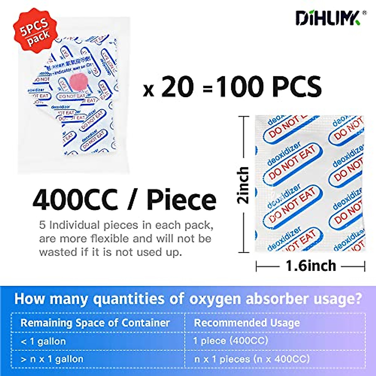 DIHUMK Oxygen Absorbers for Food Storage and Mylar Bags Vacuum Seal Long Term Containers Food Grade(400CC, 5Pcs Individual Packing, Total100)