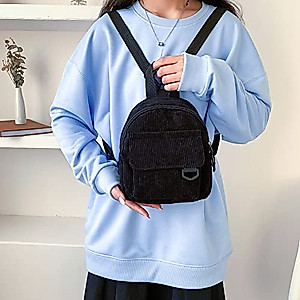sikiwind Women Corduroy Solid Color Backpack Girl Small Zipper School Bag (Black)