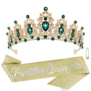Atoden Green Birthday Crown and Birthday Queen Sash Tiara Birthday Girls Women Crystal Crown Princess Birthday Party Decorations Rhinestone Happy Birthday Accessories for Party Birthday Gifts