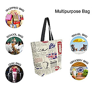 ALAZA Newspaper British Flag Retro Canvas Tote Bag for womenLarge Women Casual Shoulder Bag Handbag,Shopping Grocery Cotton Bag Reusable,Multipurpose,Heavy Duty For Outdoors Weekender Travel