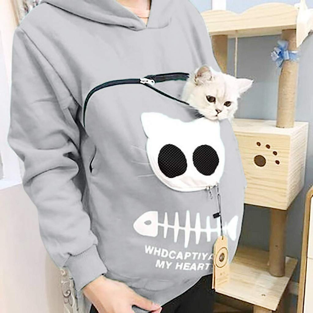 Women's Men's Pet Carrier Hoodie Kitten Puppy Holder Animal Pouch Sweatshirt Top Carry Cat Breathable Pullover Blouse Gray