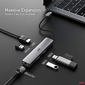 USB C Hub, uni 5-in-1 USB C to Ethernet Adapter Hub with 4K USB C to HDMI, 1Gbps Gigabit Ethernet Port, 3 USB 3.0 Ports (Aluminum Shell, Nylon Braided Cord) for MacBook Pro, iPad Pro, XPS and More