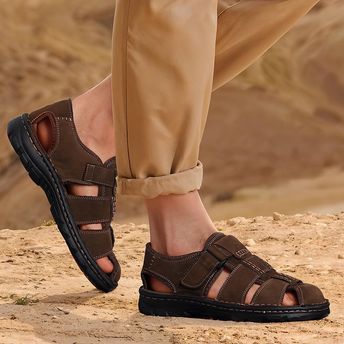 Jousen Men's Sandals Leather Closed Toe Sandal Outdoor Water Sport Beach Sandal Hiking (AMY663 Dark Brown 11)