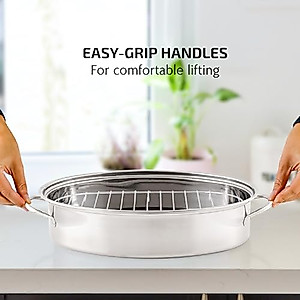 OVENTE Oval Stainless Steel Roasting Pan, 16” Oven Roaster and Baking Tray with Lid & Flat Rack, Nonstick Bakeware Dish Ideal for Cooking Turkey, Roasted Chicken, Beef or Veggies, Silver CWR32161S