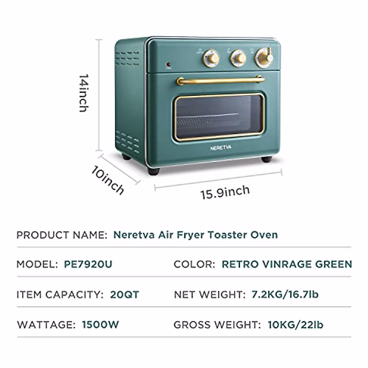 Neretva Air Fryer Toaster Oven Large 21 QT, 5 In 1 Countertop Oven, Fit 8" Pizza Convection Air Fryers Oven for Family, Include 6 Accessories & Cookbook, Stainless Steel, ETL Certified, Vintage Green
