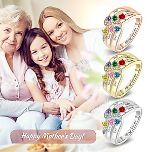 MissNaNa Personalized Mother Birthstone Ring with 1-6 Simulated CZ Birthstone Sterling Silver Mother Days Ring Custom Engraved Name Rings for Mom Grandma Women Her (6 stone)