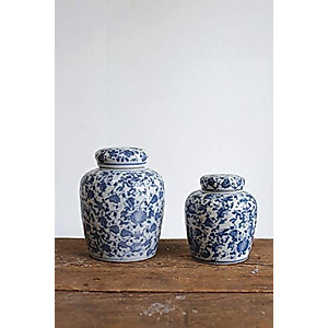 Creative Co-Op Blue & White Ceramic Ginger Jar with Lid