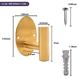 Biomoty Wall Hooks for Hanging Heavy Duty, Brushed Gold Stainless Steel Towel Hooks for Bathrooms, Screw or Adhesive Installation Key Hat Hooks for Wall, Waterproof Coat Hooks Wall Mounted, 2 Pack