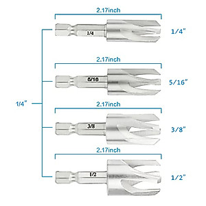 Wood Plug Cutters, 8 Pcs Straight and Tapered Plug Cutter Set 1/4", 5/16”, 3/8", and 1/2" Taper Cutting Tool Cork Drill Bit Knife Set with 1/4 Hex Shank