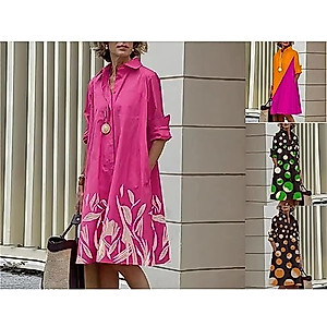 L Red Polka Dots Women's Casual Shirt Dress Shirt Collar Long Sleeve Shift Midi Dresses Fashion Office Daily Loose Print Dress with Pockets