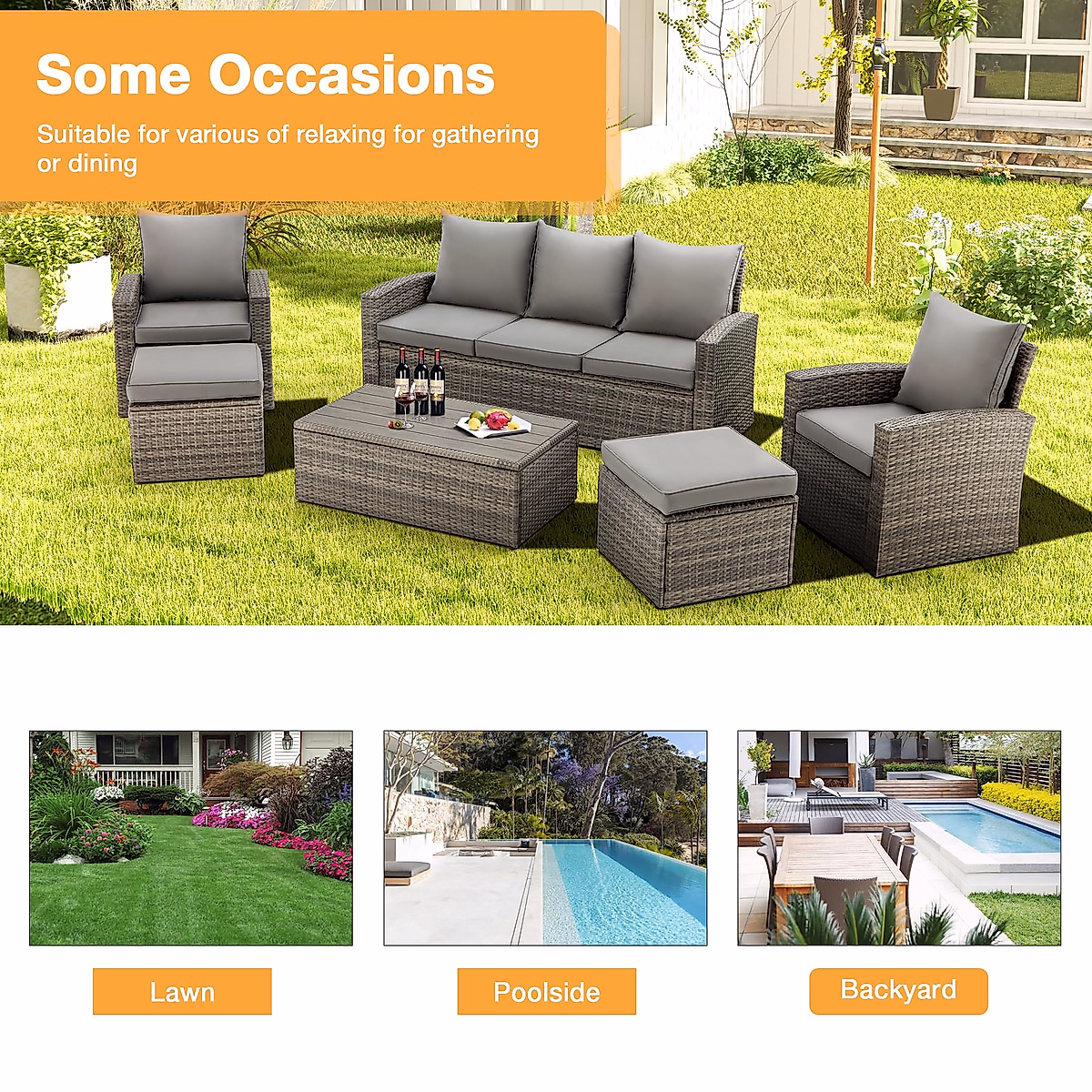 GYUTEI 6 Piece Patio Furniture Set, Outdoor Sectional Conversation Rattan Sofa Set with Ottoman and Outdoor Storage Table for Garden, Porch, Backyard(Grey)