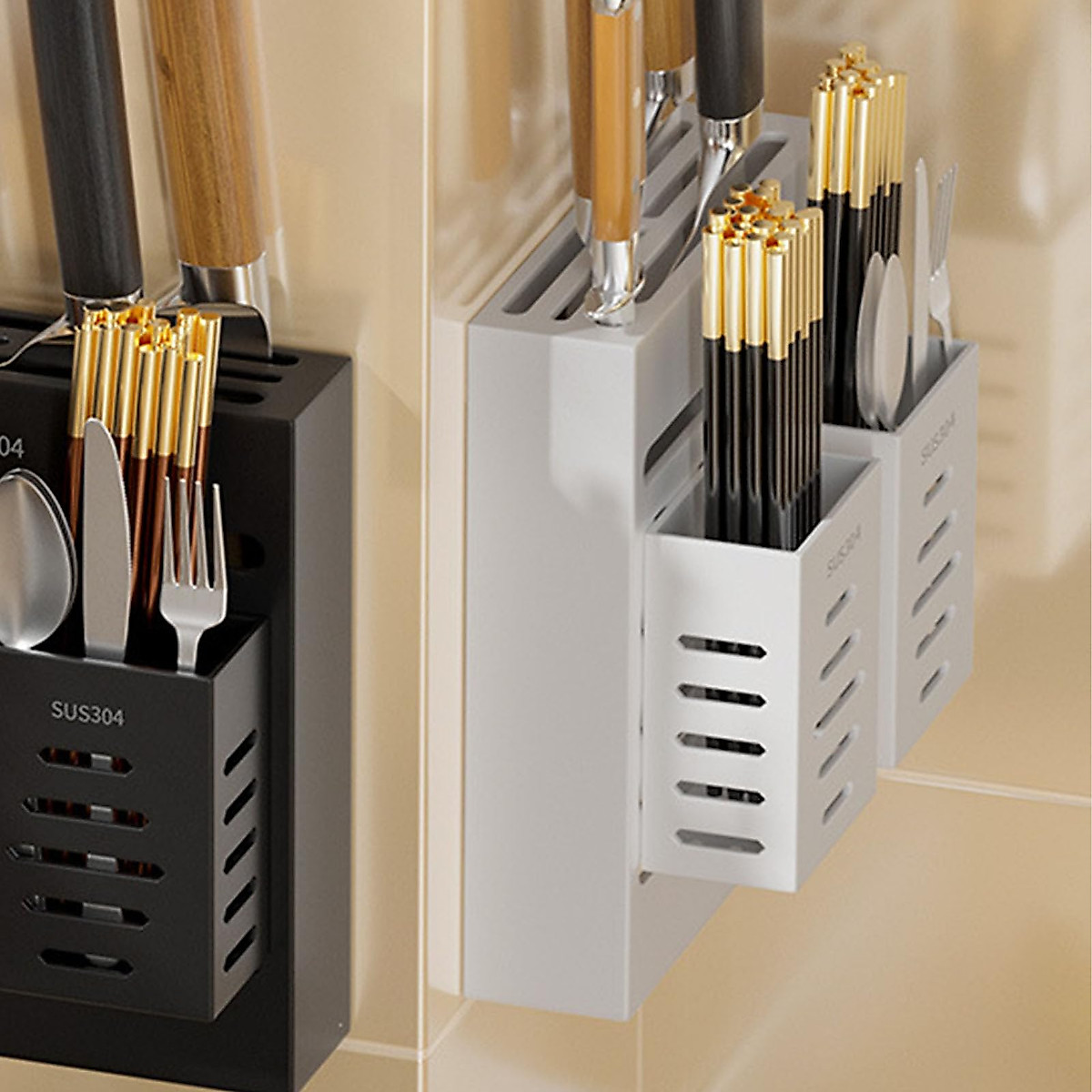 Utensil Storage Holder, Multipurpose Wall Mount Kitchen Chopstick Shelf Quick Drying Home Decor for Knife (Glossy)